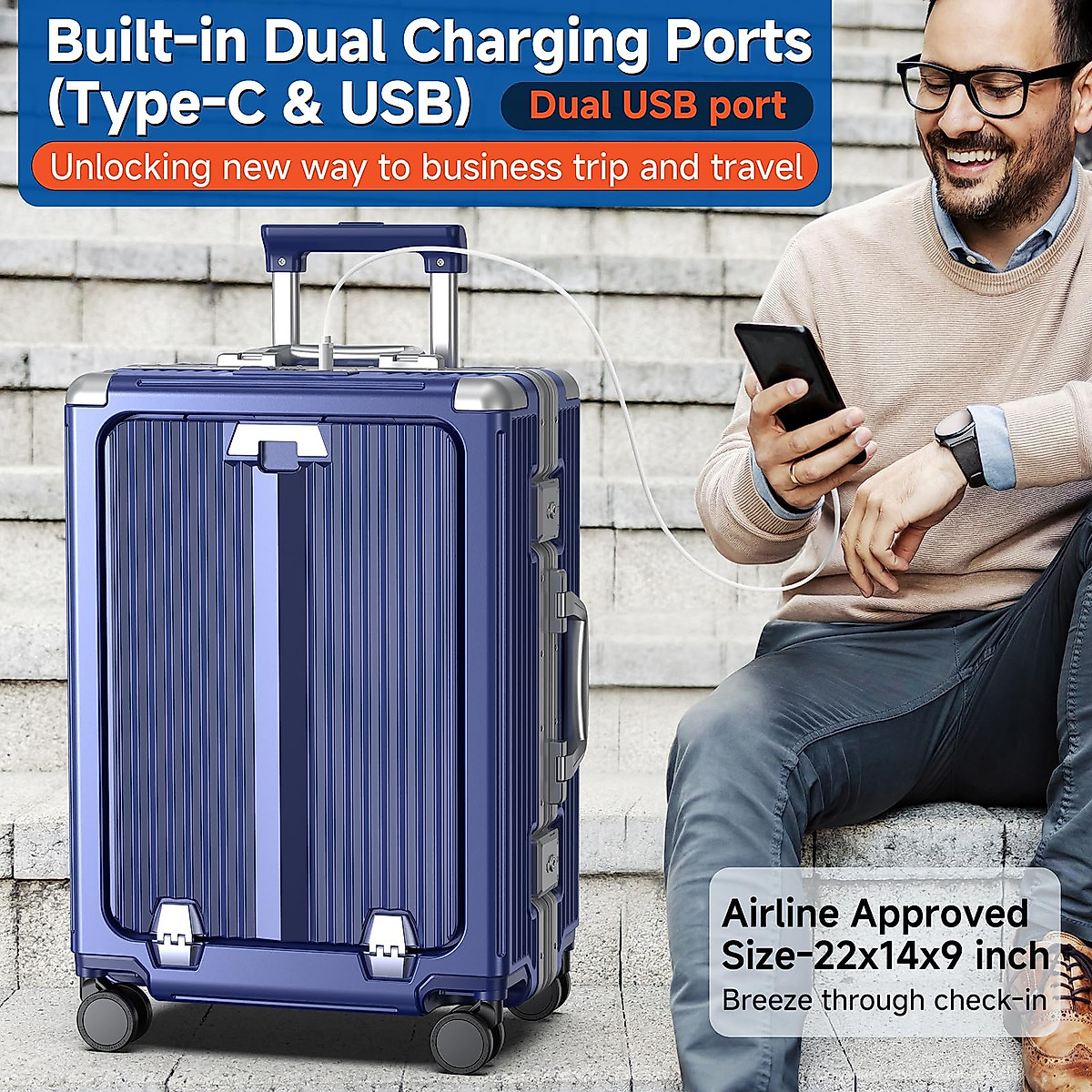 SOMODE Airline Approved Carry On Luggage with Spinner Wheels,Aluminum Framed Carry On Suitcase with Front Laptop Compartment/Cup Holder,22×14×9 inch Checked-in Luggage with Flexible Handle (Blue)