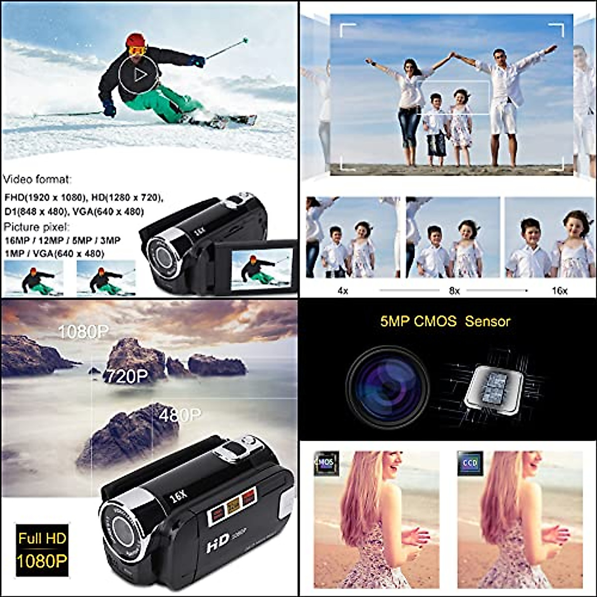 fosa Camera Camcorder, Portable Digital Video Camcorder Handy Camera Full HD 270° Rotation 1080P 16X High Definition Digital Camcorder Video DV Camera Great Kids(Black)