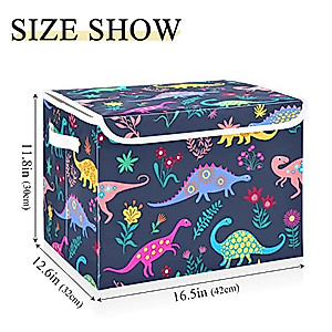 DOMIKING Lovely Dinosaur Toy Storage Trunk with Lid Collapsible Storage Box Organizer with Handles for Shelves Cabinet Nursery Drawer