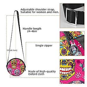 Pink Skulls Novelty Crossbody Bag for Women Teen Girls Round Canvas Shoulder Bag Purse Tote Handbag Bag