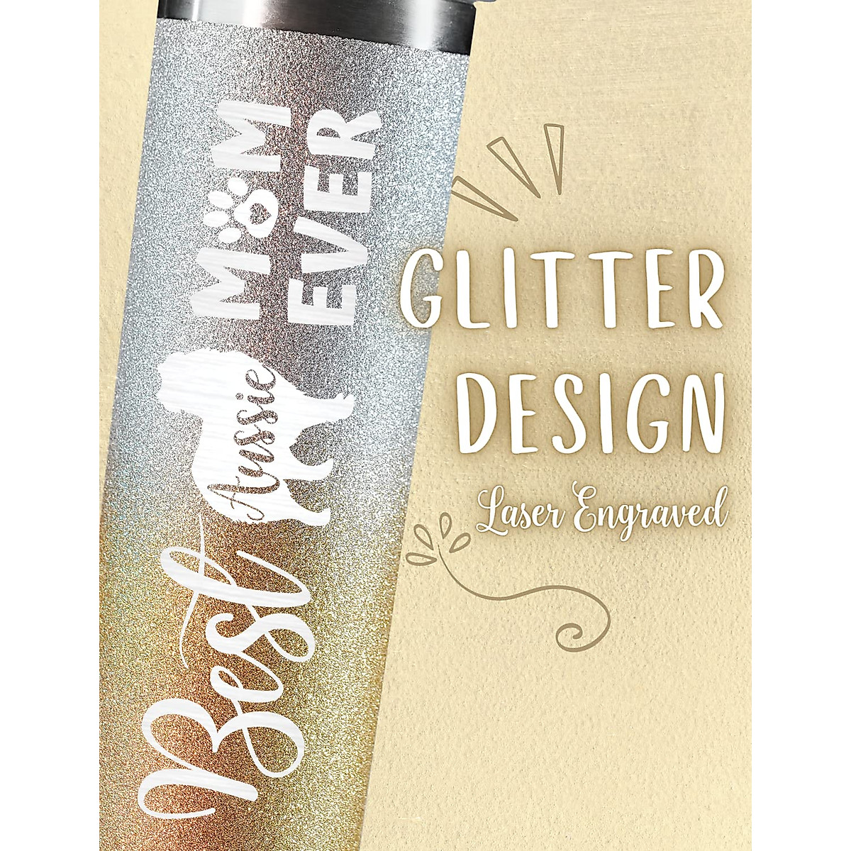 Onebttl Australian Shepherd Gifts for Women, Aussie Mom Gifts, 20 oz Glitter Silver-Gold Insulated Tumbler - Best Aussie Mom Ever