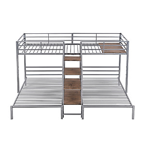 SOFTSEA Metal Corner Bunk Beds for 3 Kids, L-Shaped Triple Bunk Bed Frame with Stairs and Shelves, No Box Spring Needed