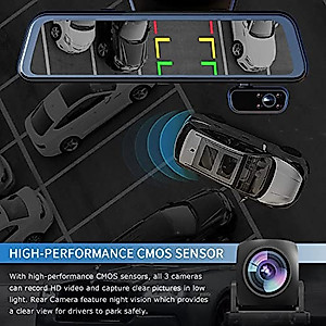 PRUVEEO 3 Channel Mirror Dash Cam, 1440P+1080P+1080P Front Inside and Rear, 12'' Full Touch Screen Rear View Mirror Camera, IR Night Vision(Sony Sensor), GPS, Parking Monitor, with 64GB Card