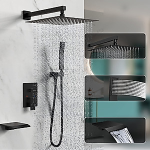 Rain Shower System 12 inch Shower Faucet Set with Tub Spout,Bathroom Wall Mounted Waterfall Shower Head Faucet Sets Complete with Handheld Spray,Rough-in Valve Body and Trim kit,Matte Black