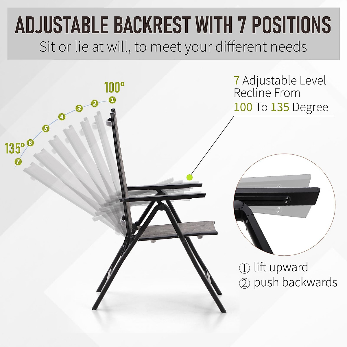 PHI VILLA Patio Dining Chairs Set of 2, Portable Outdoor Dining Chairs Padded Folding Patio Chairs Aluminum with Adjustable High Backrest for Terrace, Porch, Poolside, Yard