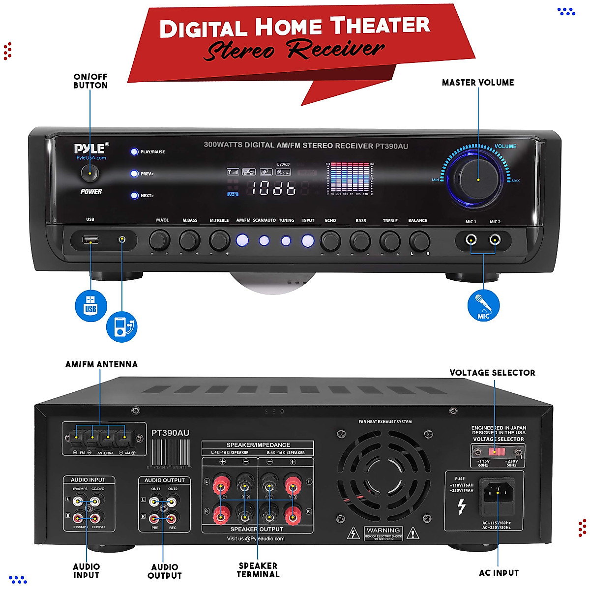 Home Audio Power Amplifier System - 300W 4 Channel Theater Power Stereo Sound Receiver Box Entertainment w/ USB, RCA, AUX, Mic w/ Echo, LED, Remote - For Speaker, iPhone, PA, Studio Use - Pyle PT390AU