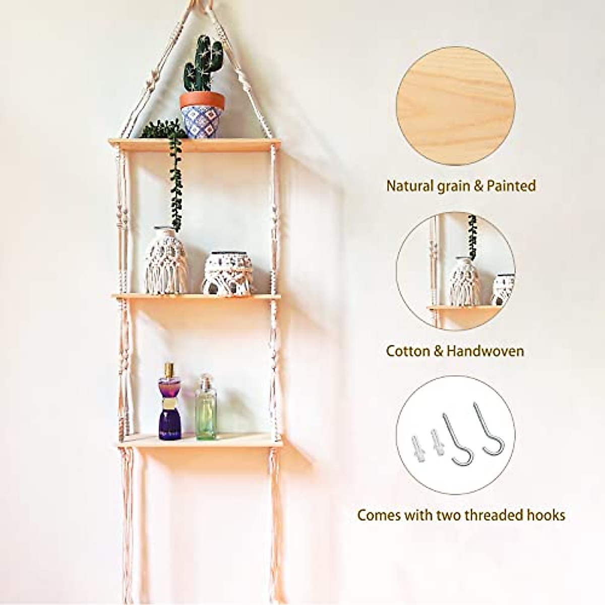 M MANUAL Macrame Wall Hanging Shelf - 3 Tier Wall Shelves Boho Wall Decor Storage Shelf Plant Shelf Bookshelf for Bathroom Bedroom Living Room Handmade Boho Home Decor