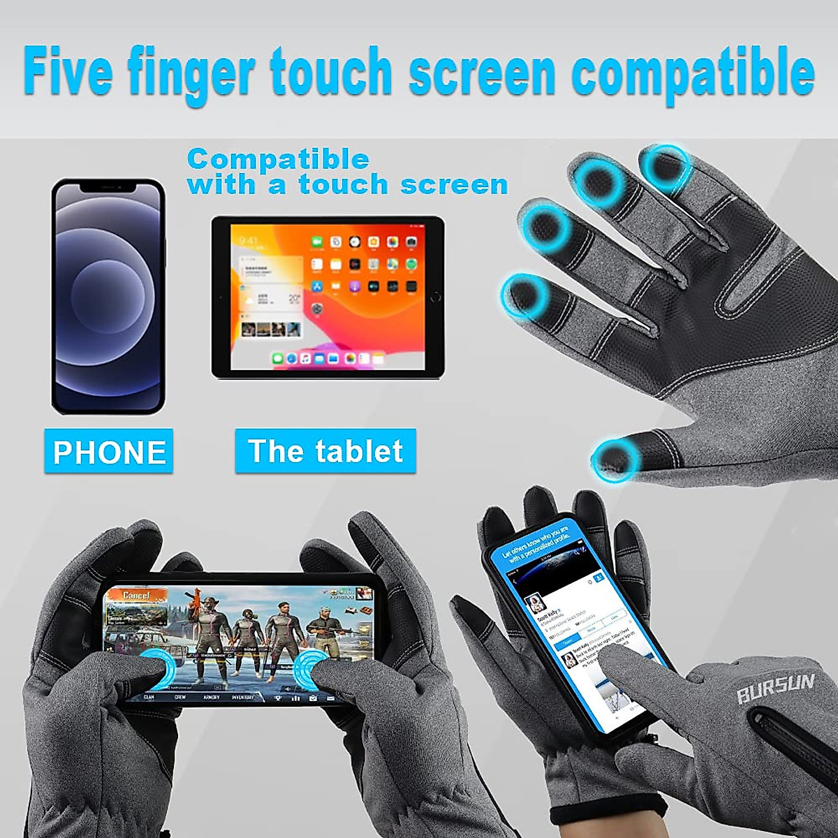 BURSUN Winter Gloves, Windproof Waterproof Warm Touchscreen Gloves Men Women, Outdoor Winter Thermal Gloves for Cycling Riding Running Work