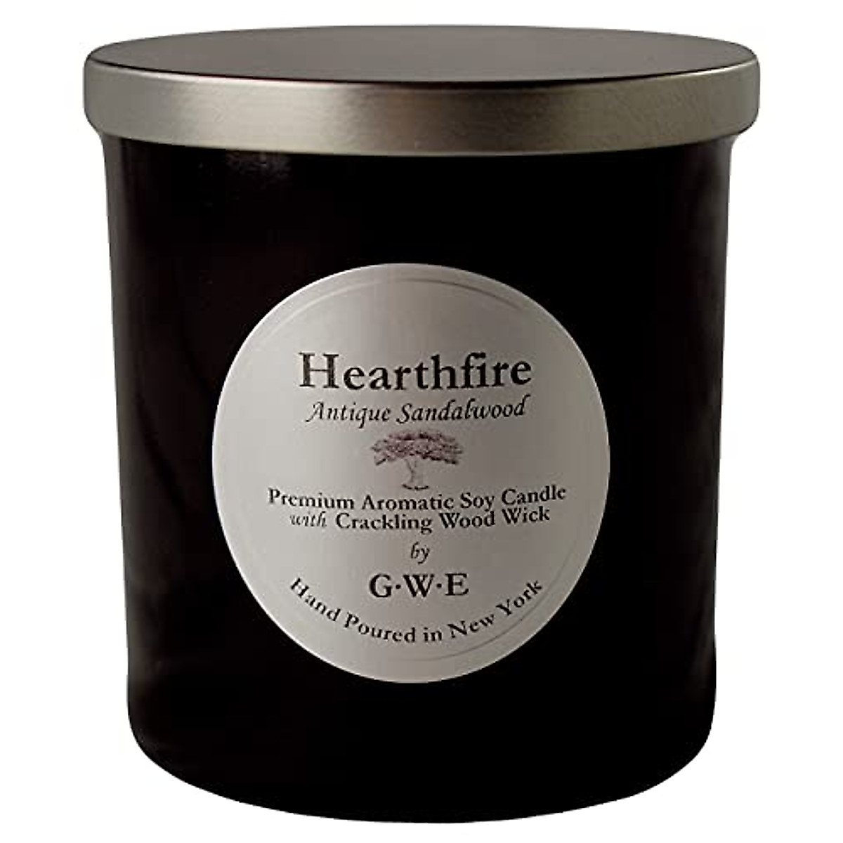 Hearthfire - Sandalwood Scented Soy Candle Infused w/Natural Oils w/ Wood Wick- Dark Sweet Creamy Aromatherapy - Hand Poured in The USA in Glossy Black Jar w/ Lid