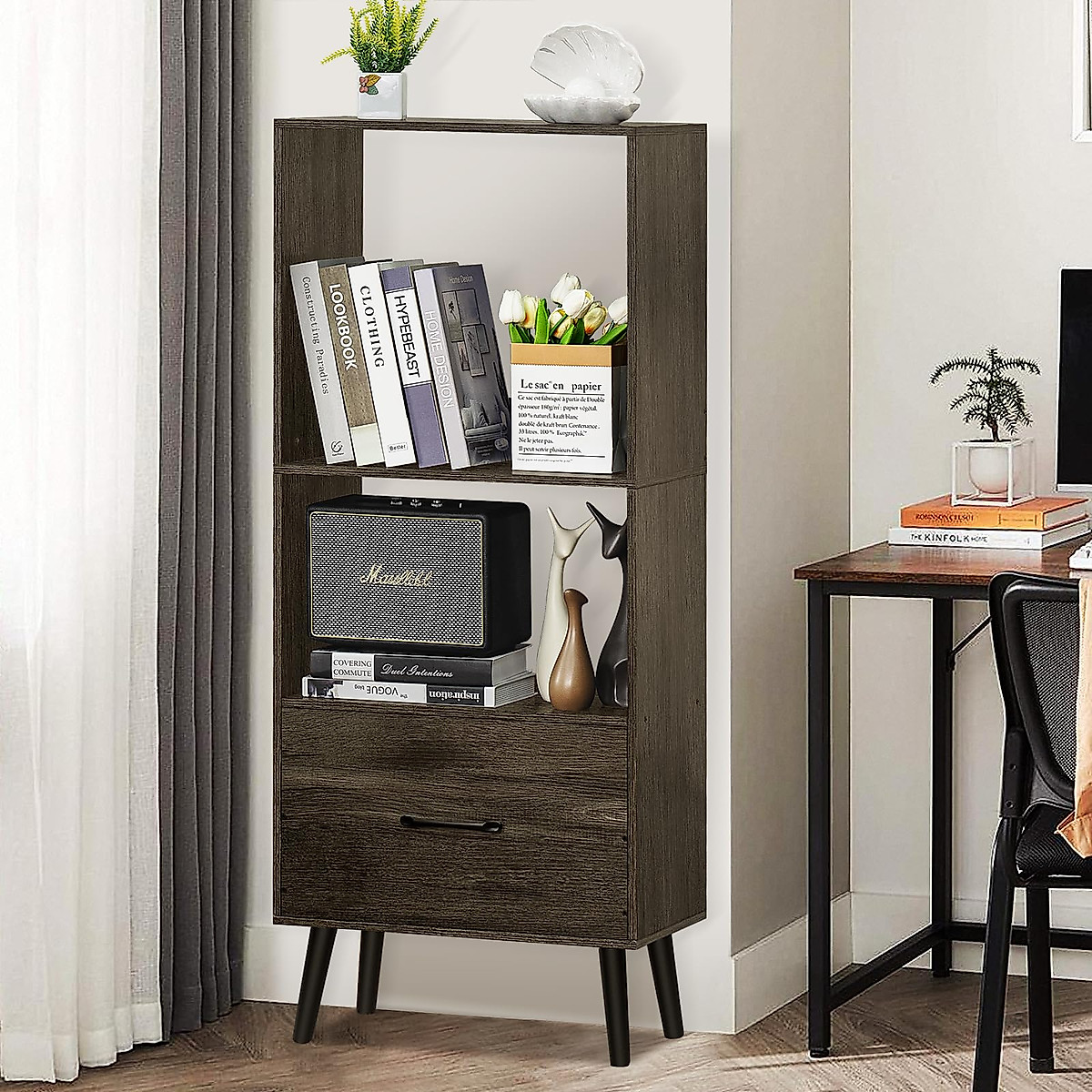 LELELINKY Open Bookshelf, 3 Tier Black Mid Century Modern Book Shelf with Drawers and Legs, Wood Bookcase with Storage Organizer Shelves for Bedroom, Living Room, Office