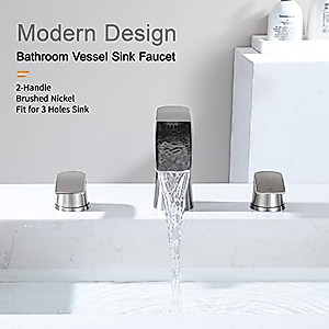 Brushed Nickel Waterfall Bathroom Faucets - 2 Handles Bathroom Sink Faucet for 3 Holes Sink, Brushed Nickel Widespread Bathroom Faucet with Pop Up Sink Drain Stopper