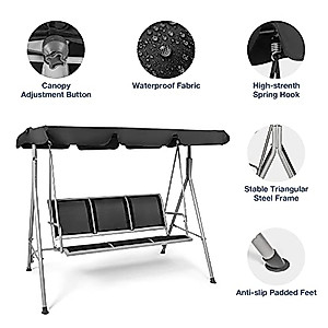 Vilobos Outdoor Patio Swing Chair, 3-Seater Porch Swing Bench with Adjustable Canopy and Duracble Metal Stand, Swing Set for Backyard, Porch and Garden, Black