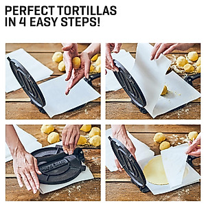 Uno Casa Cast Iron Tortilla Press 8 Inch with Tortilla Warmer - Bundle of Pre-seasoned Quesadilla, Roti and Pataconera Maker With Taco Shell Warmer including 100 Pcs Parchment Paper