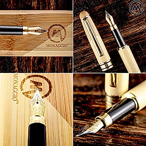 Gorgeous Bamboo Fountain Pen made of Luxury Wood with Refillable Converter, Beautiful Case Set and Medium Nib Point. Works Smoothly with International Disposable Cartridges. Fine Calligraphy Pens!
