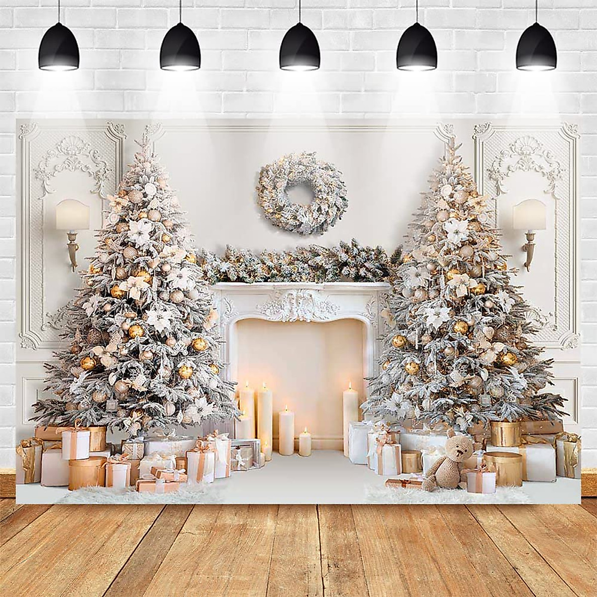 Mocsicka Classic Christmas Interior Room Photography Backdrop White Christmas Fireplace Photo Background Decorated Xmas Tree Family Kids Holiday Party Banner Decorations Photo Booth Props (7x5ft)