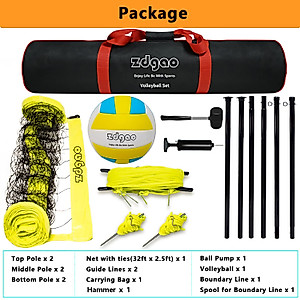 Outdoor Portable Volleyball Net System - Adjustable Height Poles with Soft Volleyball Ball, Pump, Hammer, Boundary Line, and Carry Bag for Backyard, Beach, Lawn