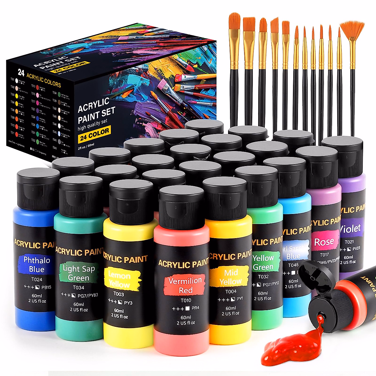 Acrylic Paint Set, 24 Colors (2 oz/Bottle) with 12 Art Brushes, Art Supplies for Painting Canvas, Wood, Ceramic & Fabric, Rich Pigments Lasting Quality for Beginners, Students & Professional Artist