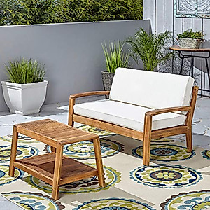 Great Deal Furniture Christian Outdoor Teak Finished Acacia Wood Loveseat and Coffee Table Set with Beige Water Resistant Cushions