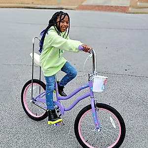 JOYSTAR 20 Inch Girls Bike with Training Wheels, Banana Seat Bike for Girls Ages 7-12 Years Old, Kids' Girls Bicycle with Front Handbrake and Coaster Brakes, Kickstand Included Purple