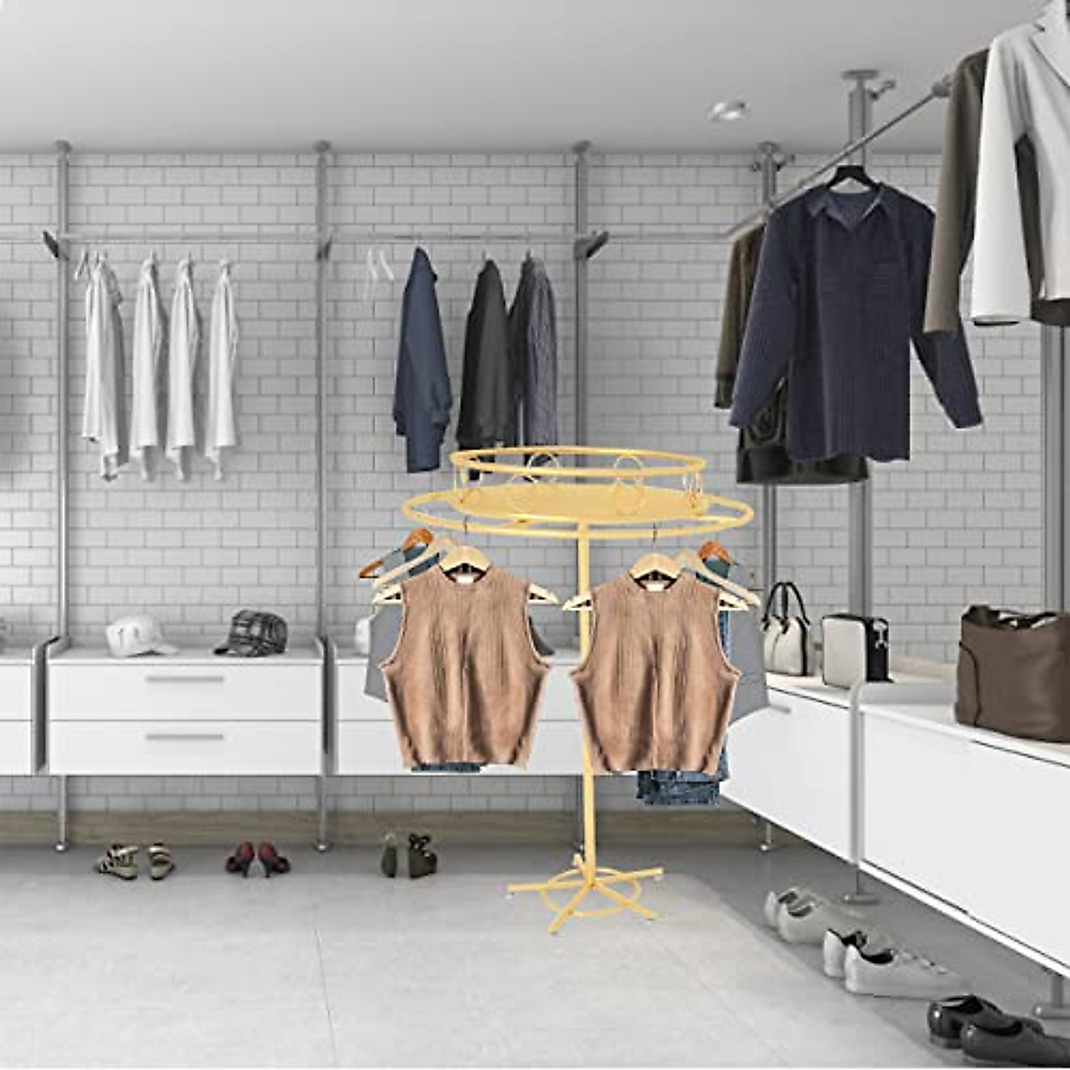 Rotatable Round Garment Rack, Adjustable Clothing Floor-Standing Display for Hanging Apparel and Placement of Accessories, Portable Metal Clothes Shelf for Retail and Boutiques