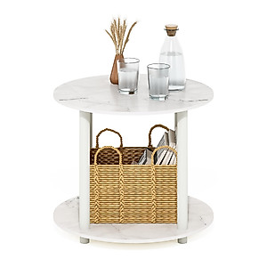 Furinno Turn-N-Tube Simple Design 2-Tier Round Wooden Small Coffee Table, Marble White