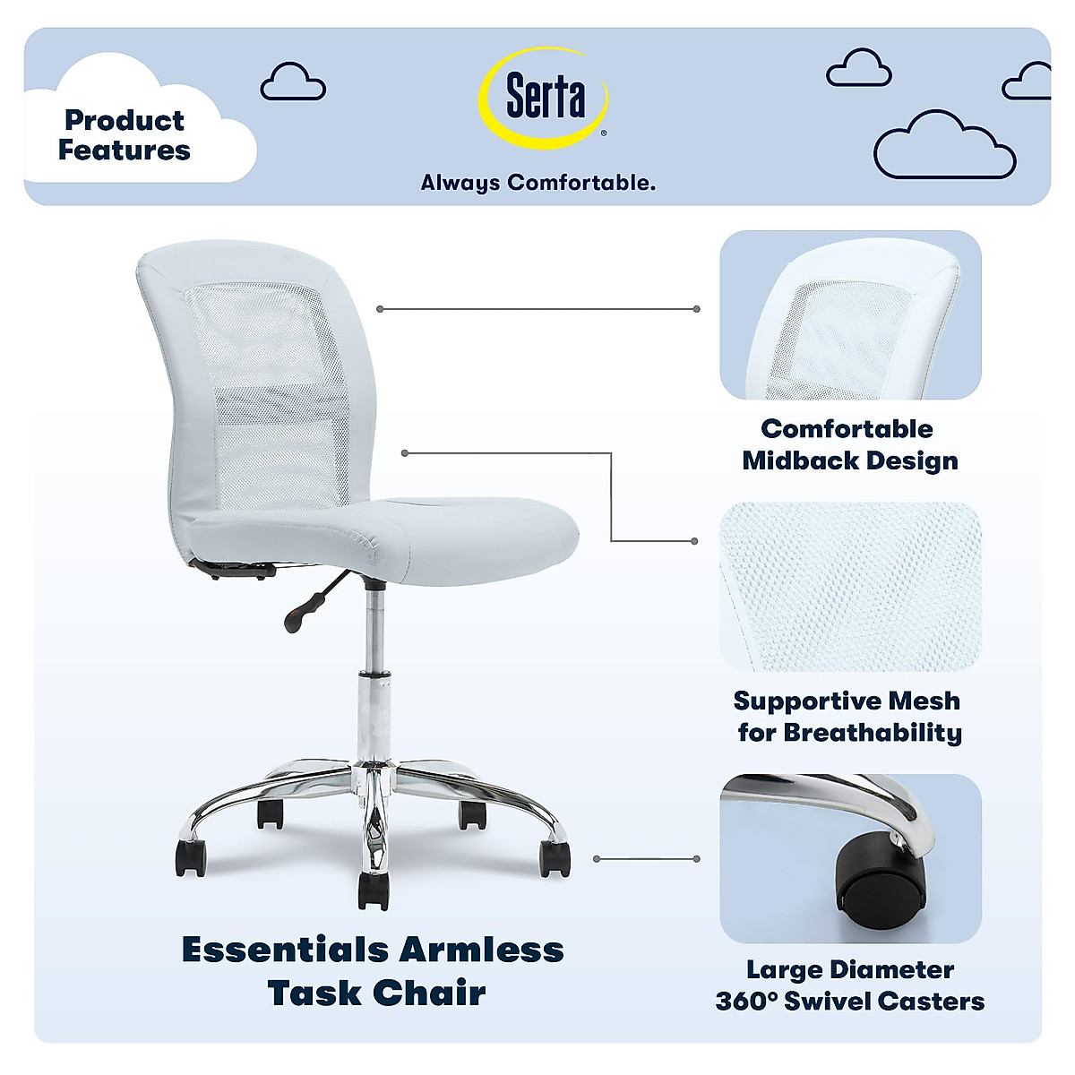 Serta Essentials Computer Chair, Blue Sky Faux Leather and Mesh