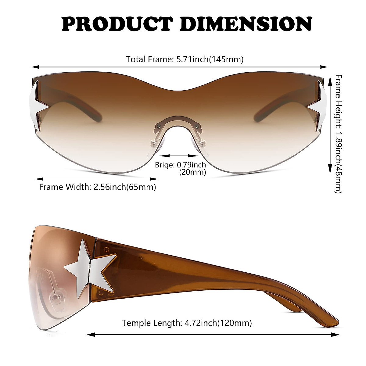 NULOOQ Rimless Y2K Sunglasses for Women Men – Trendy Star Shield Wrap Around Sunglasses Oversized Frameless Sun Glasses (Brown/Gradient Brown)