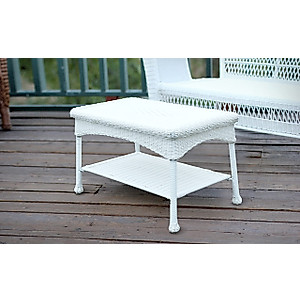 Jeco Wicker Patio Love Seat and Coffee Table Set with Blue Cushion, White