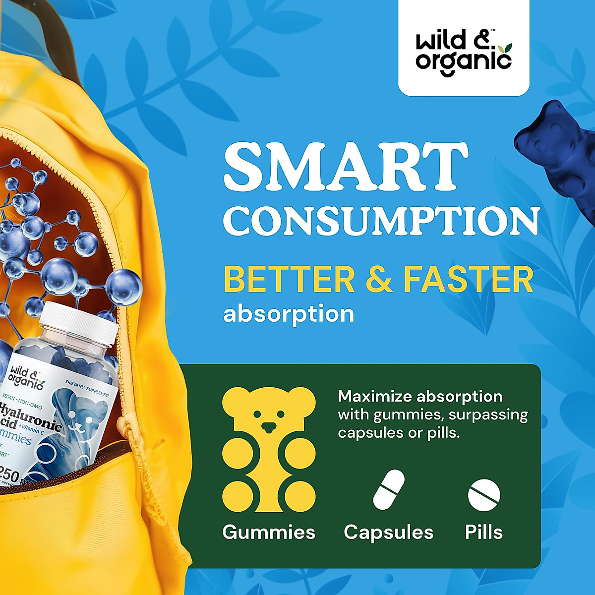 Hyaluronic Acid Gummies 250mg - Pure Hyaluronic Acid Supplements for Joints - Hair Skin and Nails Gummies w/Hyaluronic Acid Powder - Skin Supplement w/Vitamin C Hyaluronic Acid - 60 Vegan Chews