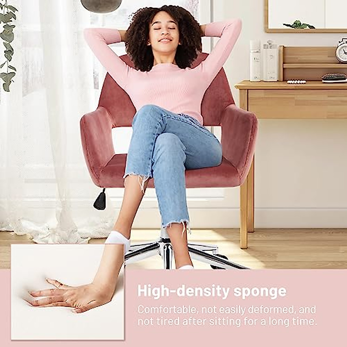 FurnitureR Velvet Home Office Chair, Mid Back Desk Chairs with Rolling Wheels, Adjustable Task Chair for Living Room, Bedroom, Make-up, Studying, Small Spaces - Rose