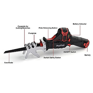 PULITUO Cordless Reciprocating Saw, Speed 3000SPM with Clamping Jaw, Including 2000 mAh/ 1-Hour Fast Charge,Safety Gloves& Goggles, 4Pcs of Saw Blades for Wood