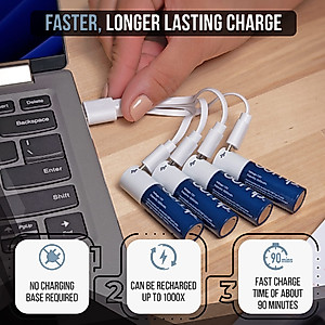 bump AA 1.5V Rechargeable Batteries - 4 Pack -Lithium Ion, High Output, Fast & Long Lasting USB-C Charge, Use w/Remote Control, Battery Operated Toys, Keyboards, Wireless Mice, Charger Cable Included