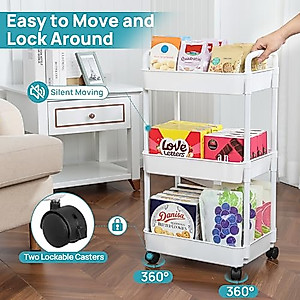 Vtopmart 3 Tier Rolling Cart with Wheels, Detachable Utility Storage Cart with Handle and Lockable Wheels, Storage Basket Organizer Shelves, Easy Assemble for Bathroom, Kitchen, White