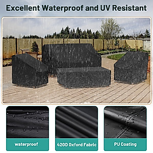 Mrrihand Patio Furniture Covers, 4 Piece Outdoor Furniture Cover Waterproof includ Ourdoor Sofa Cover, 2 Chair Covers, Coffee Table Cover with Windproof Buckle Strap and Adjustable Drawstring