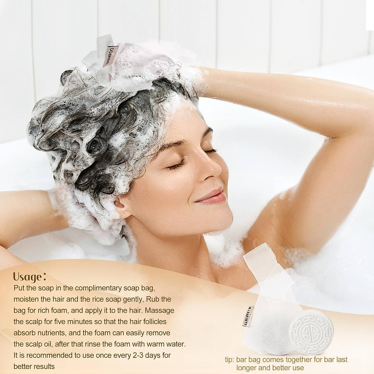 Leafinty Rice Water Shampoo Bar - 2 in 1 Fermented Rice Water Solid Shampoo and Conditioner for Hair Growth and Moisturizing - Vegan, pH Balance, Zero Waste, 3.5oz