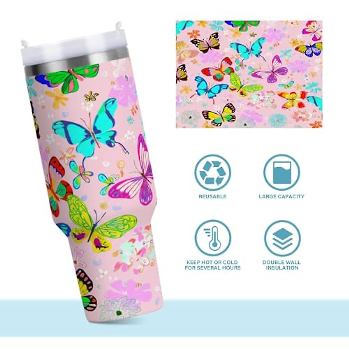 RPLIFE Colorful Butterfly Garden Pink 40oz Tumbler with Handle, Stainless Steel Cups with Lid, Tumbler for Men