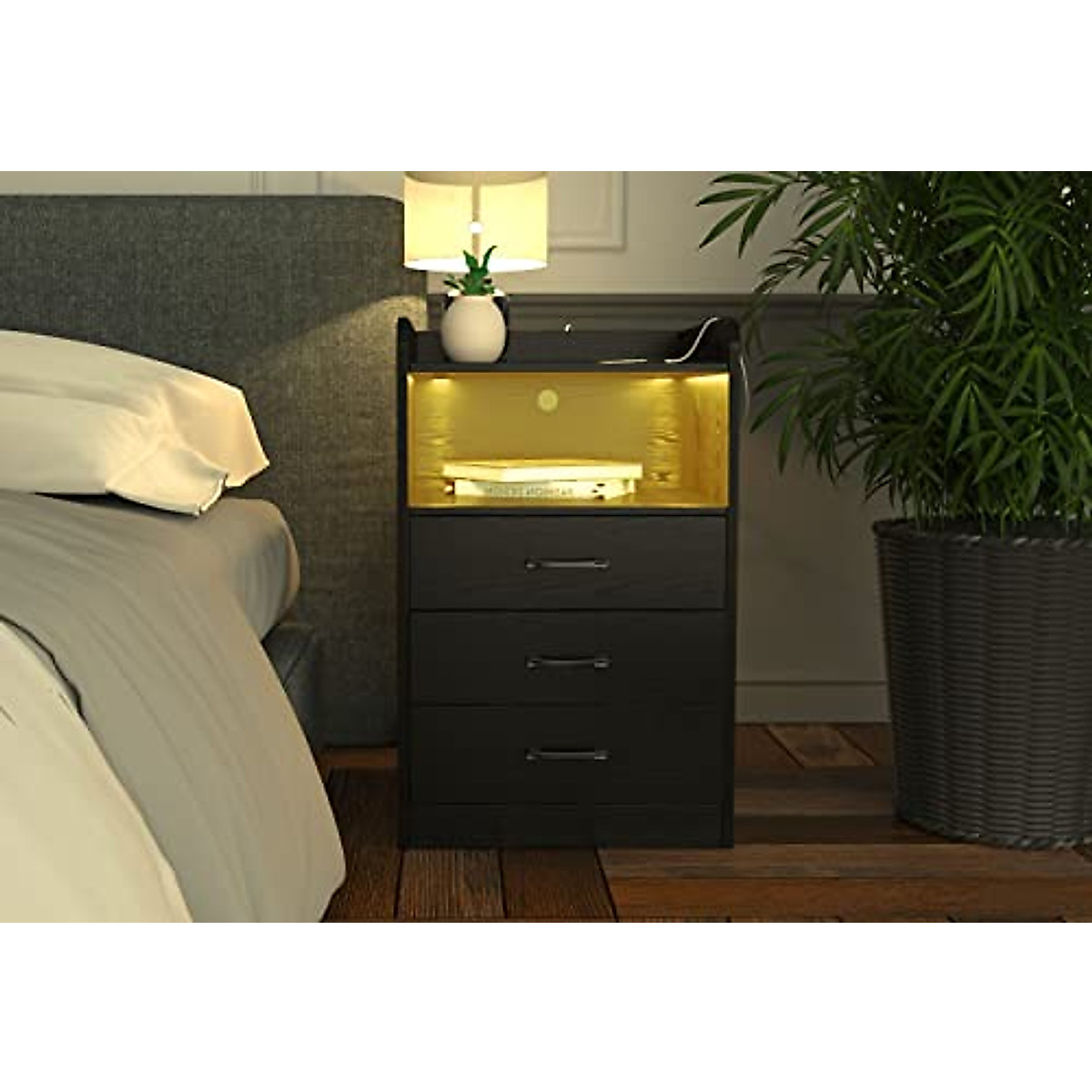 SUPERJARE Nightstand with Charging Station and LED Light Strips, Night Stand with Drawers, End Table with USB Ports and Outlets, Bedside Table for Bedroom, Black