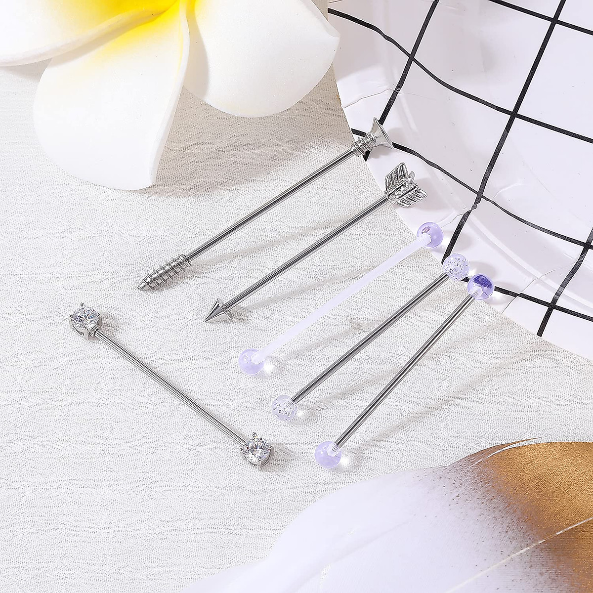 BodyAce 14G Crystal Long Industrial Earrings, Surgical Steel Industrial Bar Piercing Jewelry, Flexible Cartilage Earring Helix Conch Piercing Jewelry for Men Women 1 1/2"(38mm) (C:20pcs)