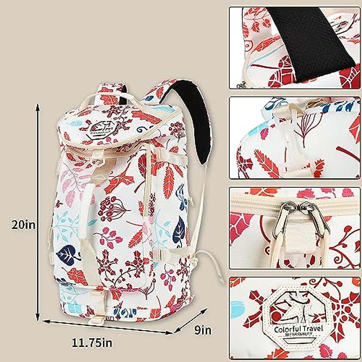 Floral Gym Duffle Bag Backpack 4 ways for Women Waterproof with Shoes Compartment for travel Sport Hiking laptop Lightweight, Kalesi XL