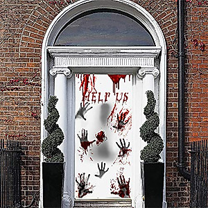 Halloween Giant Bloody Window Posters, Zombie Door Cover Help Me, Bloody Handprint Window Clings Party Decoration, Wall Poster Haunted House Door Cover, Bloody Hands Mural,Scary Halloween Window Decor