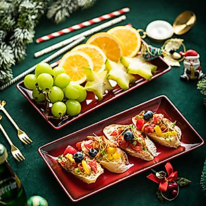 YHOSSEUN Porcelain Serving Platter, Stackable Platters for Christmas Party, Rectangular Serving Platters for Entertaining, Oven Dinnerware Safe, 9.8 inches, Set of 2, Red
