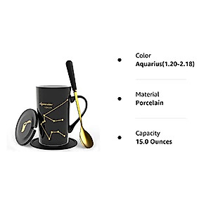 Fullcci -15oz Aquarius Birthday Gift Ceramic Creative Constellation Zodiac Coffee Mug Set Capacity Upgrade Tea Cup for Cocoa Water Milk Juice (Aquarius-Black Gold)