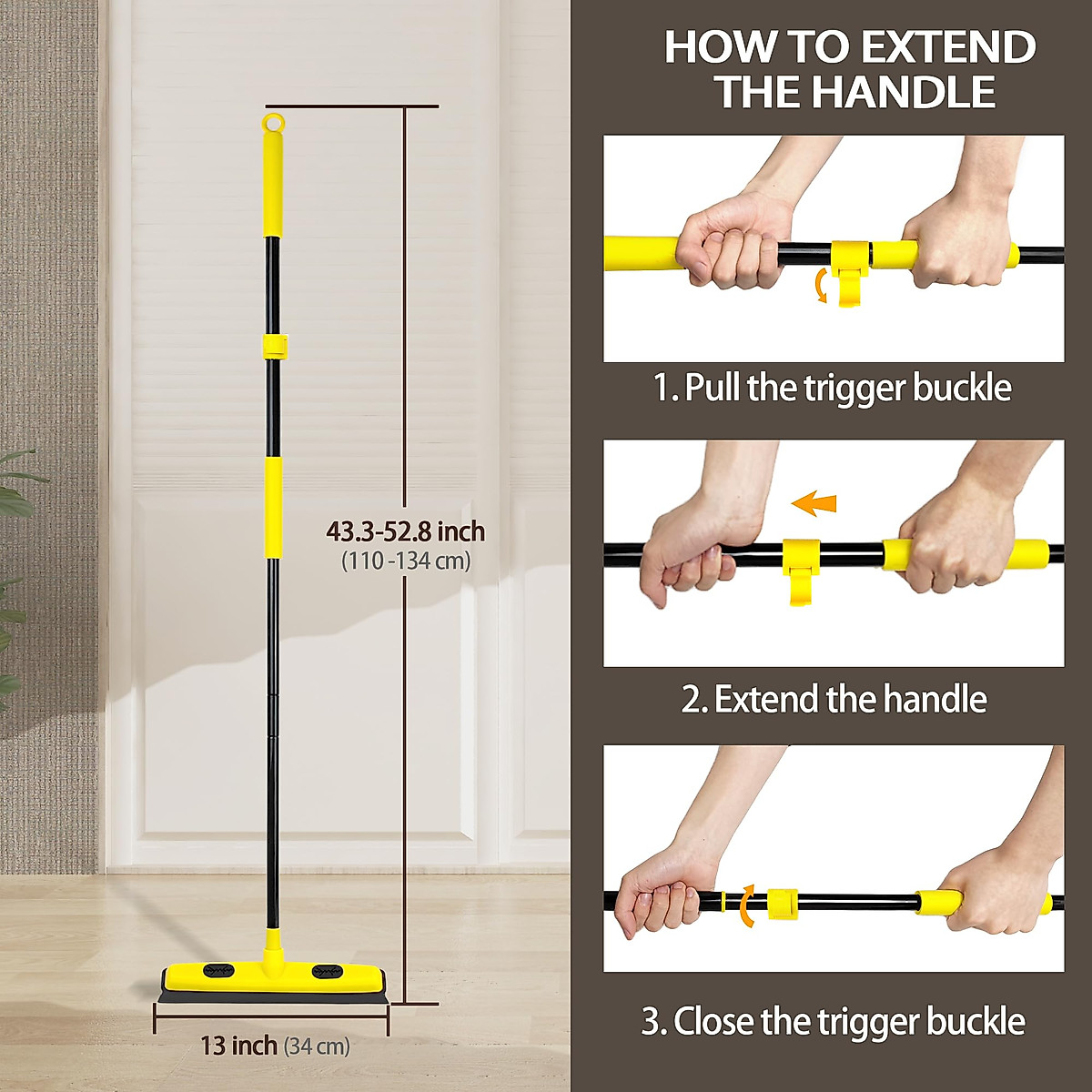 JEHONN Rubber Broom with Squeegee, Pet Hair Remover 52.8 inches Long Handle, Push Fur Removal Tool with Portable Detailing Lint Brush for Fluff Carpet, Window, Tile, Hardwood Floor Cleaning (Yellow)