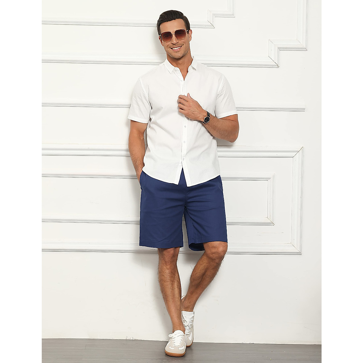 Janmid Men's Linen Casual Classic Fit Short Drawstring Summer Beach Shorts with Elastic Waist and Pockets Navy Blue L