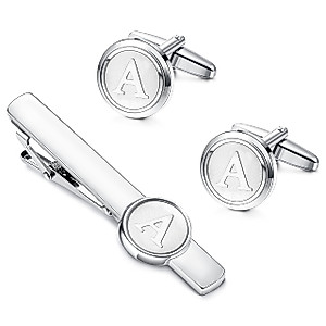 THUNARAZ Initial Cufflinks and Tie Clip Set for Men Personalized Alphabet A-Z Cuff Links and Tie Bar with Gift Box for Business Wedding Shirts Suits
