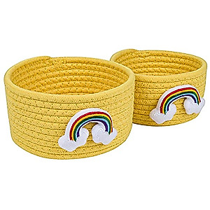 LixinJu Small Basket for Organizing Small Woven Basket Set of 2 Rainbow Small Rope Basket Decorative Mini Storage Bins Round Little for Desk Dog Cat Toy Kids Baby Girls Gifts, Yellow