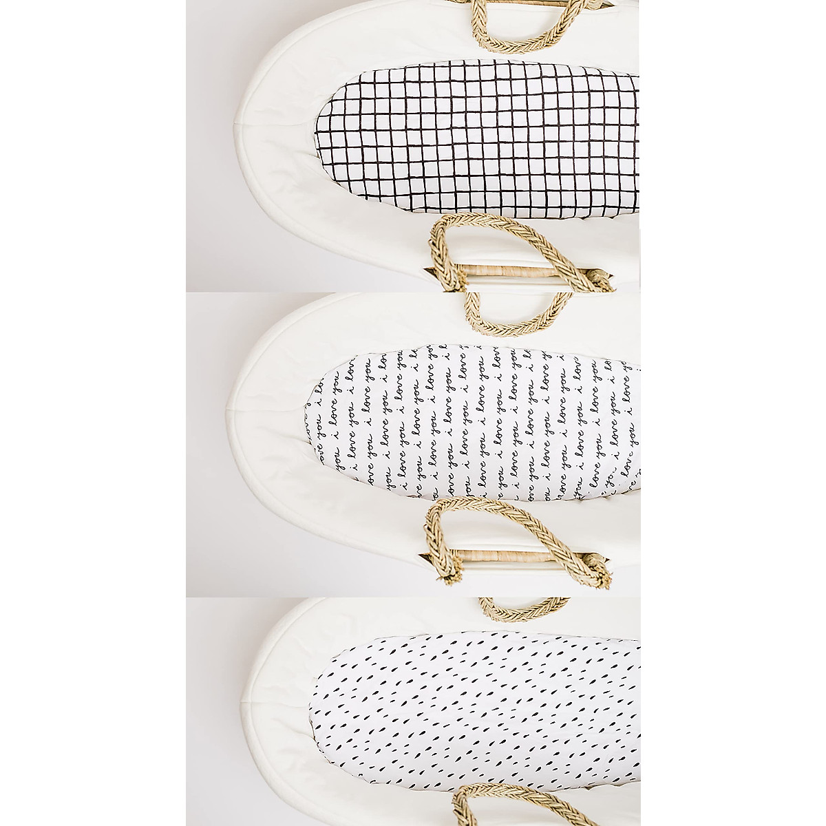 NODNAL CO. 3 Fitted Bassinet Sheets Black/White Set for Baby Girl/Boy - 100% OEKO-TEX Cotton - Gender Neutral I Love You, Plaid & Raindrop - Cradle/Moses Basket Hourglass Oval Rectangle Mattress Sheet