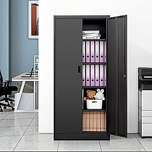 Wanfu Metal Storage Cabinet with Locking Doors and Adjustable Shelves, 71” Tall Steel Storage Cabinets for Garage, Home Office, Pantry(Black)