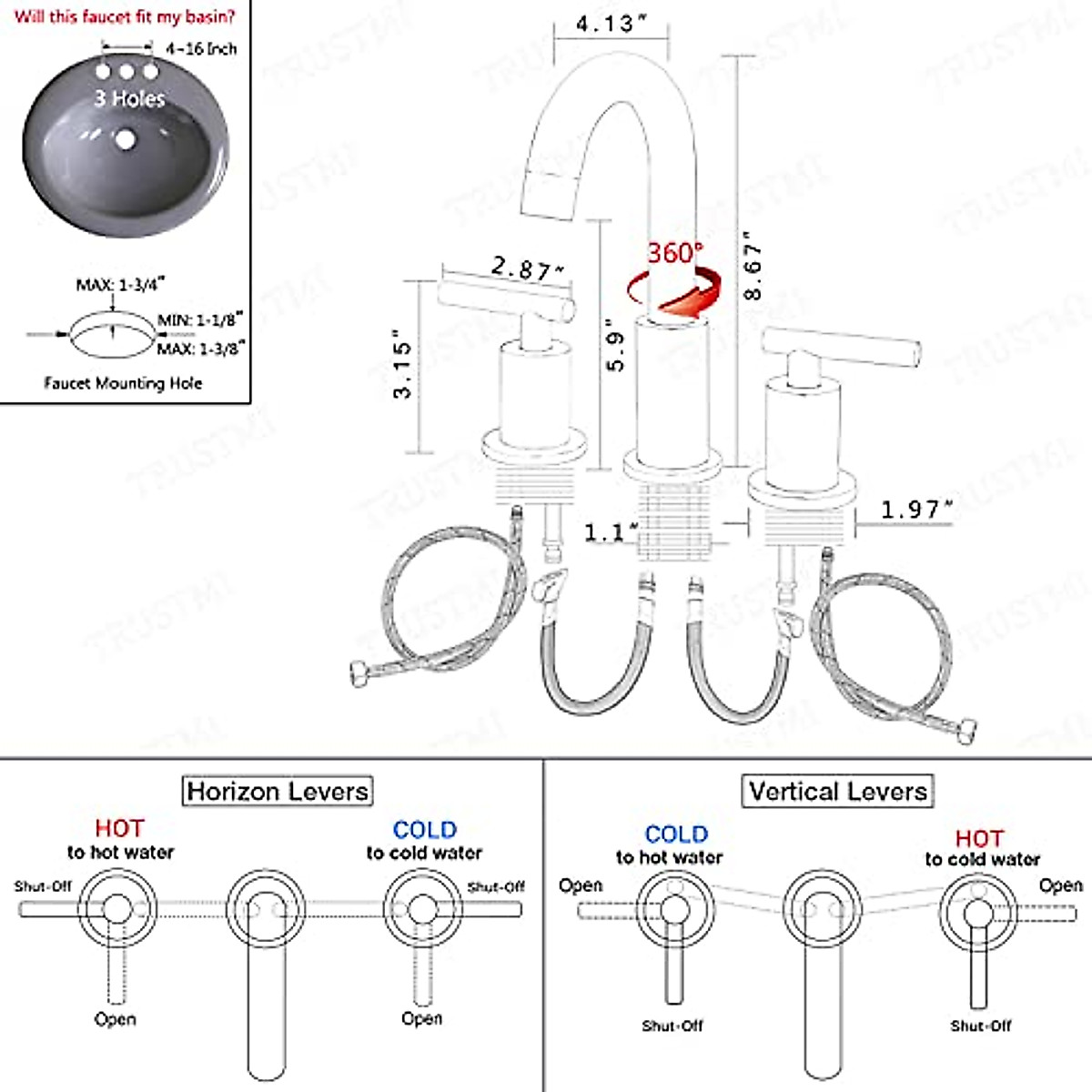 TRUSTMI 2-Handle 8 inch Widespread Bathroom Sink Faucet with Pop Up Drain and cUPC Faucet Supply Hoses, Matte Black Basin Faucet Mixer Taps
