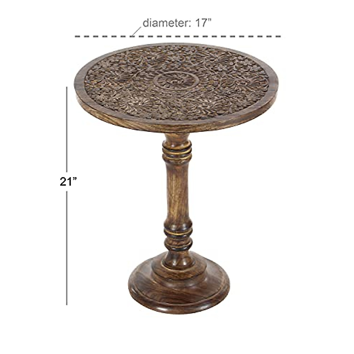Deco 79 Mango Wood Floral Handmade Intricately Carved Accent Table, 17" x 17" x 21", Dark Brown